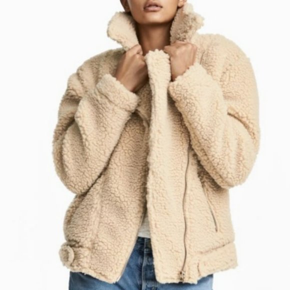 H&M | Jackets & Coats | Hm Faux Shearling Biker Moto Jacket In Beige ...